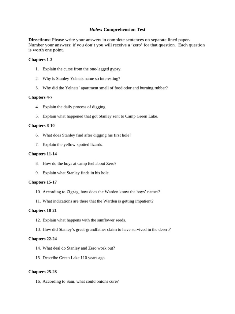 Holes Comprehension Test Questions | PDF