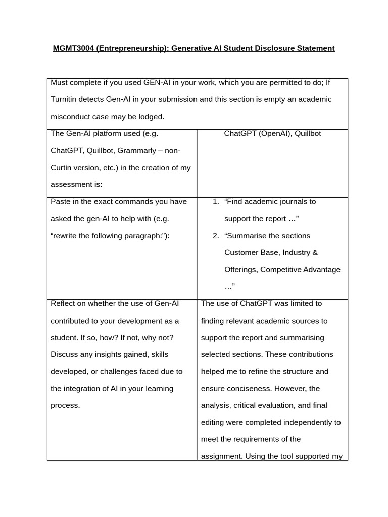 Generative AI Disclosure Statement | PDF
