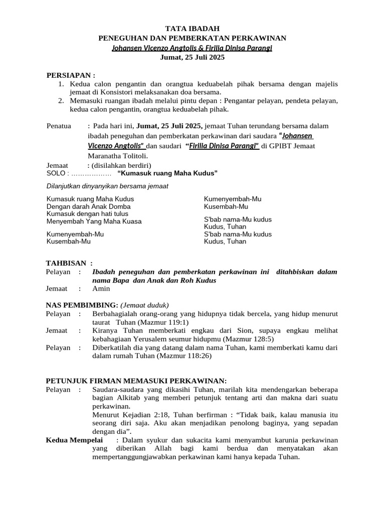 Ibadah Pemberkatan Perkawinan 2025 | PDF
