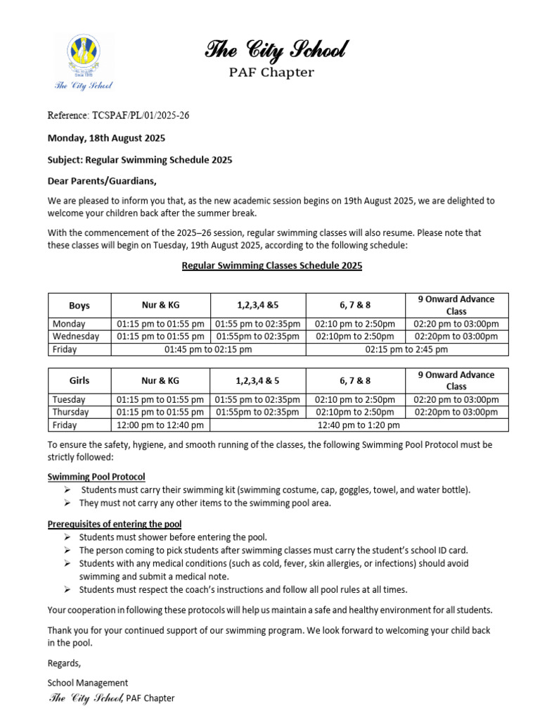 Swimming Schedule and Protocol 2025 | PDF