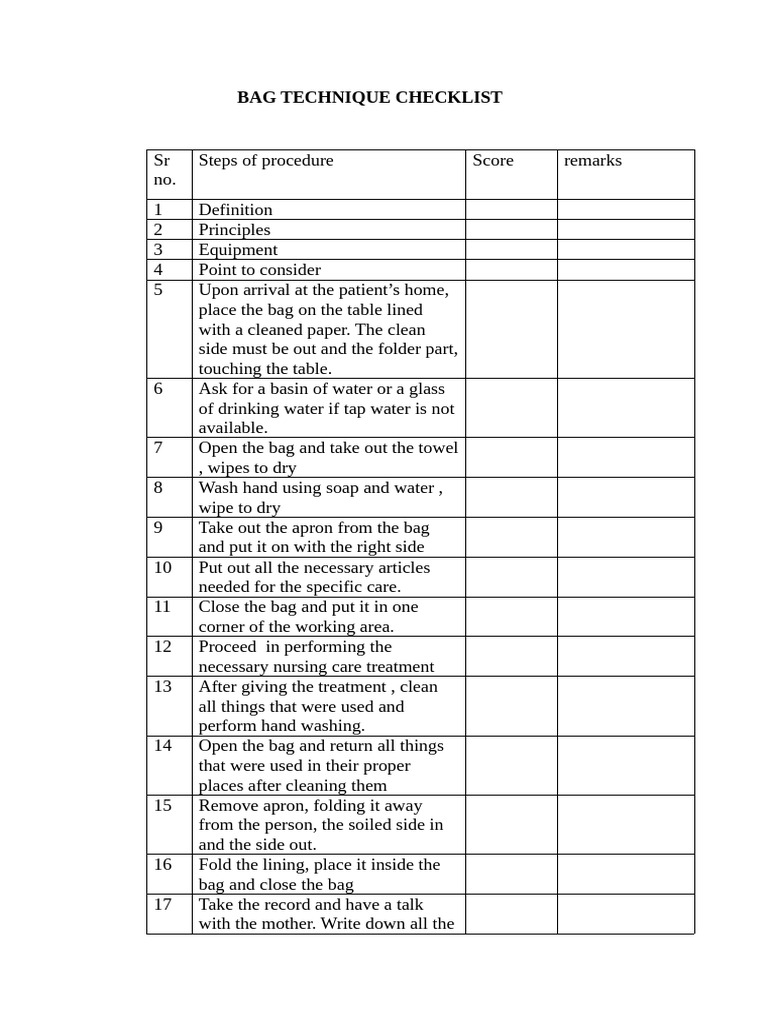 Bag Technique Checklist | PDF