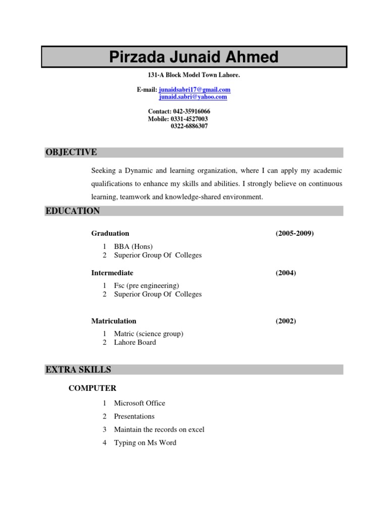 Pirzada Junaid Ahmed - BBA Graduate Resume | PDF | Business | Self ...