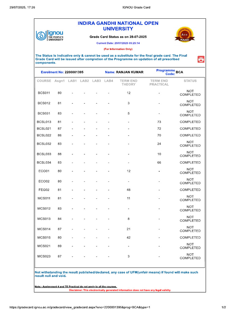 Ignou Bca Marksheet | PDF