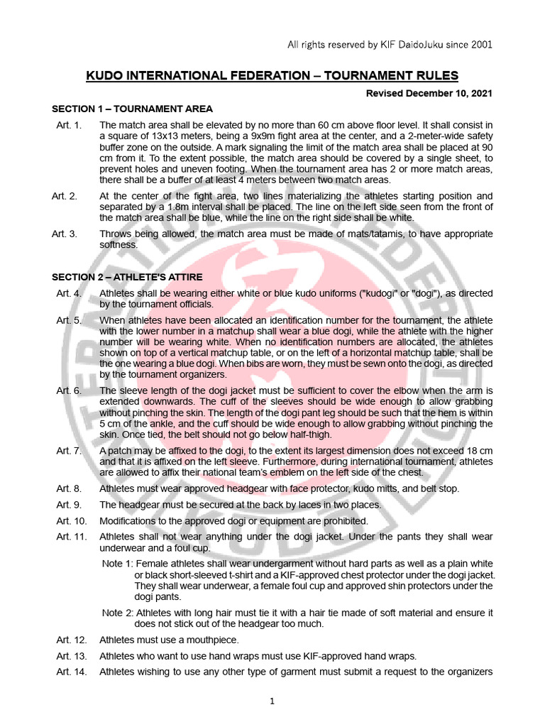 Kudo Tournament Rules and Safety Guidelines | PDF