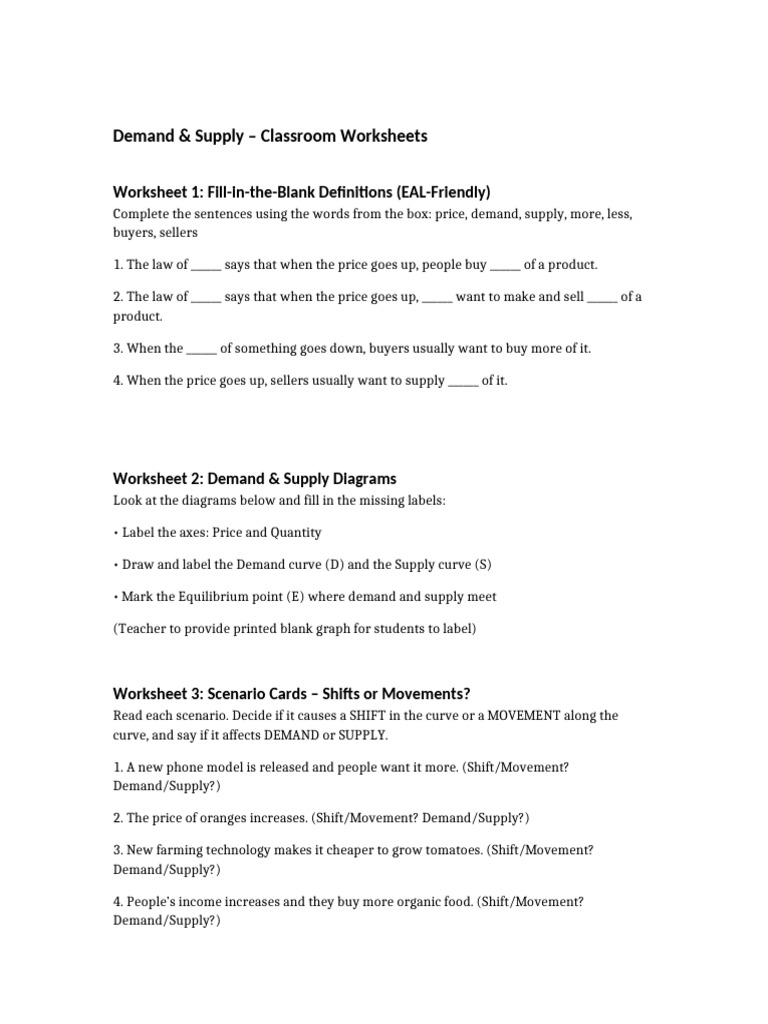 Demand and Supply Worksheet Set | PDF