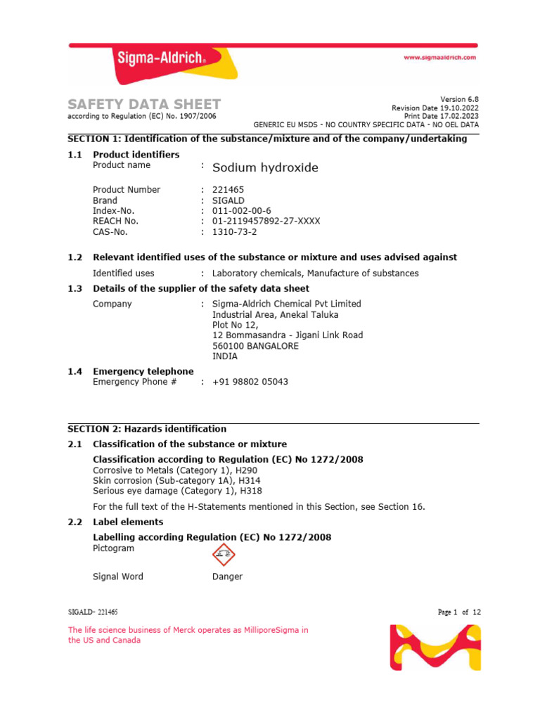 Sodium Hydroxide Safety Data Sheet | PDF | Dangerous Goods | Chemistry