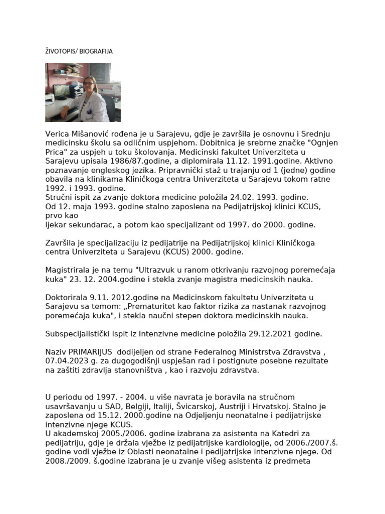 Zivotopis 2024 Verica MG Sarajevo | PDF