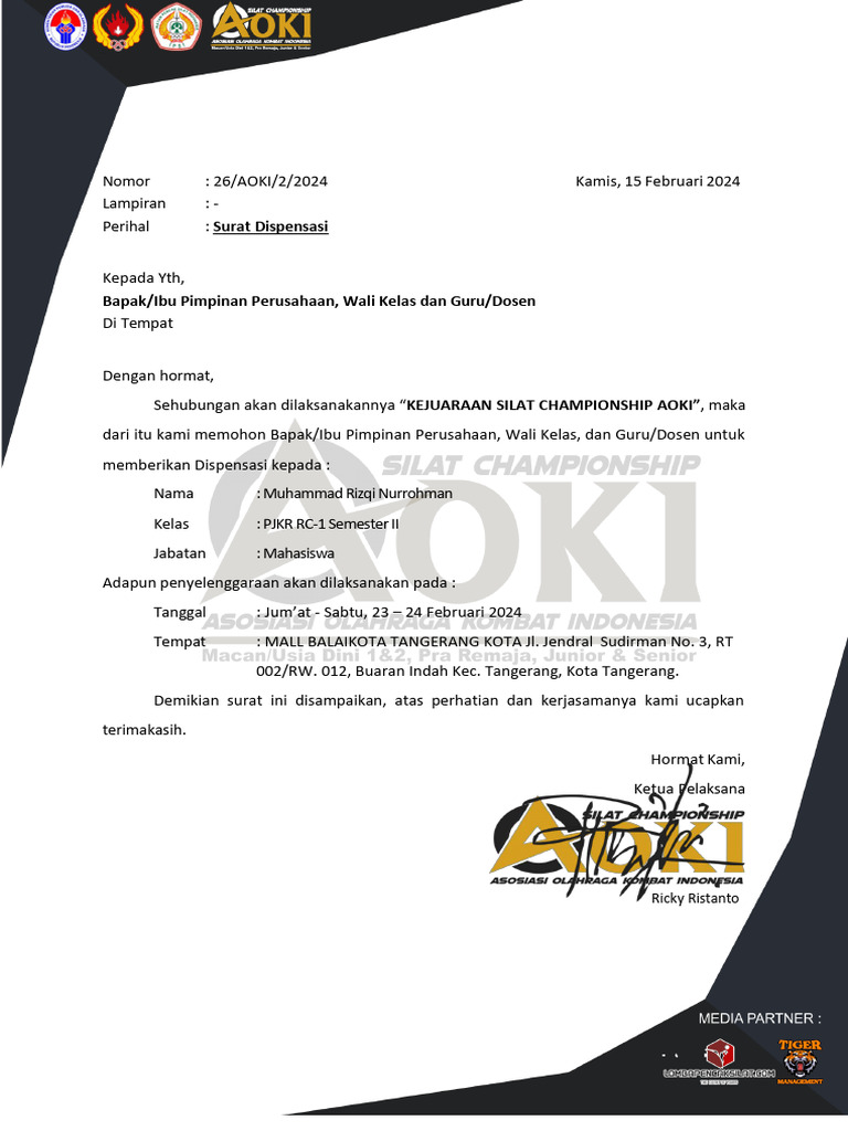 26 Surat Dispensasi Muhammad Rizqi Nurrohman | PDF