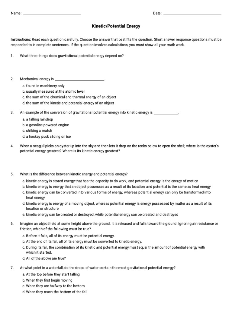 Kinetic and Potential Energy Quiz | PDF | Potential Energy | Kinetic Energy