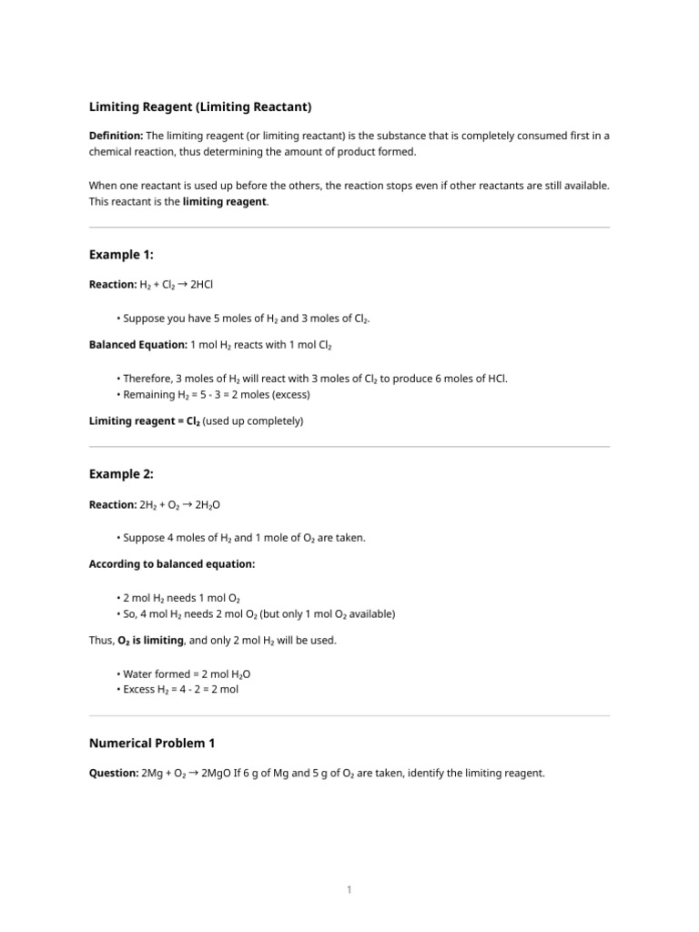 Limiting Reagent Problems | PDF | Mole (Unit) | Quantity