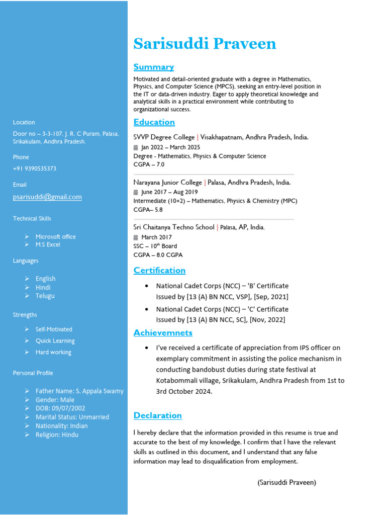 Sarisuddi Praveen Resume | PDF