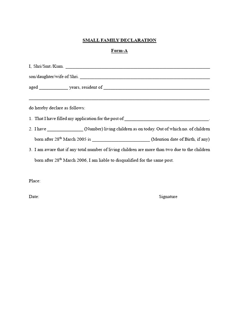 Small Family Declaration Form-A | PDF