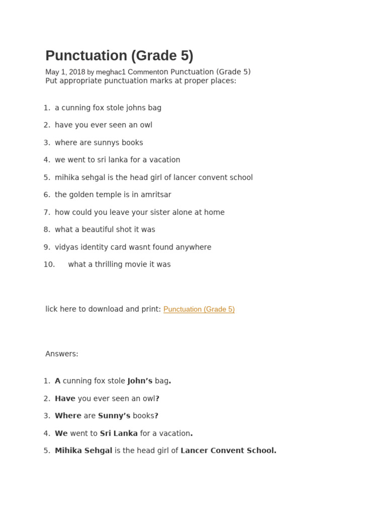 Grade 5 Punctuation Practice Worksheet | PDF