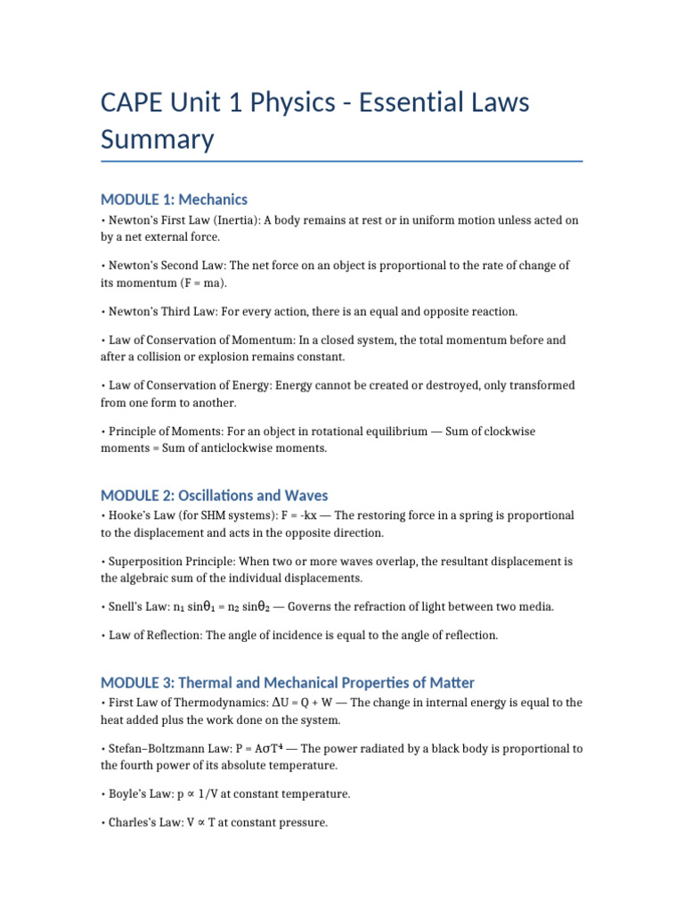 CAPE Unit 1 Physics Laws Overview | PDF