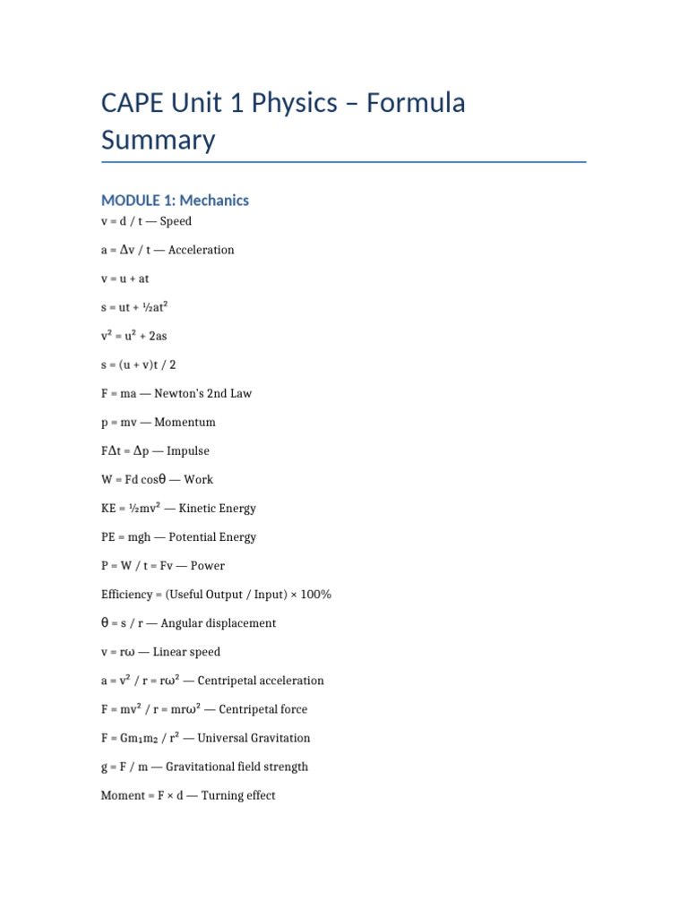 CAPE Unit1 Physics Formula Summary | PDF