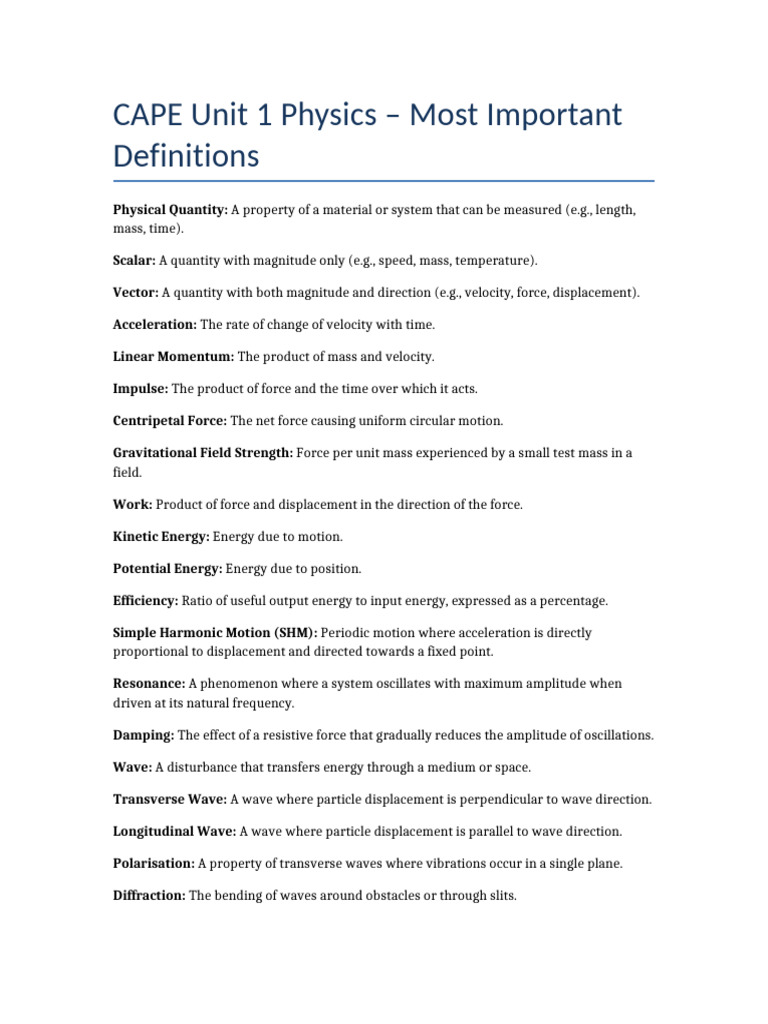 CAPE Unit 1 Physics Important Definitions | PDF | Waves | Heat