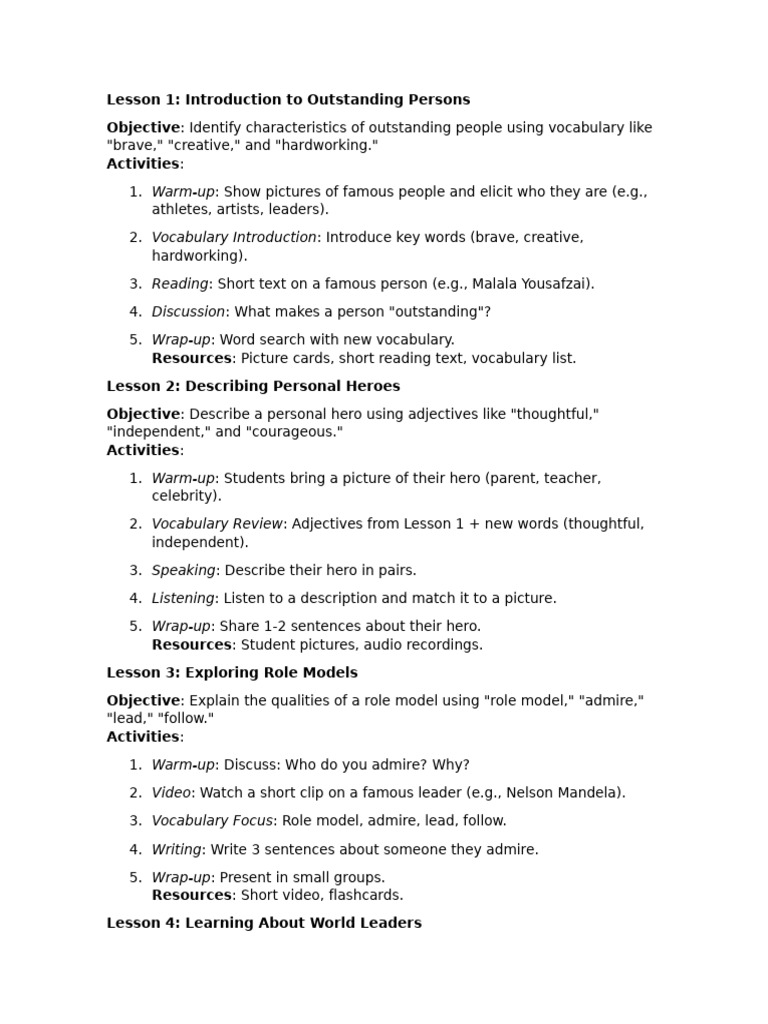Outstanding People Unit Lesson Plan | PDF | Vocabulary | Learning