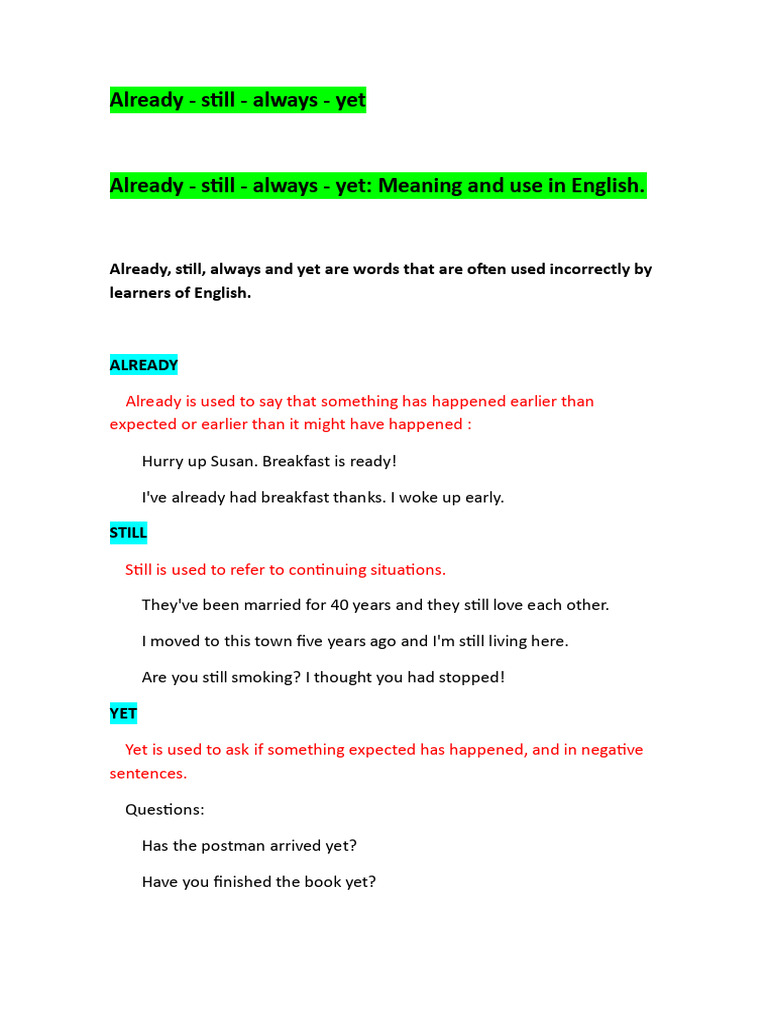 Mastering Already, Still, Always, Yet | PDF | Linguistics | Grammar