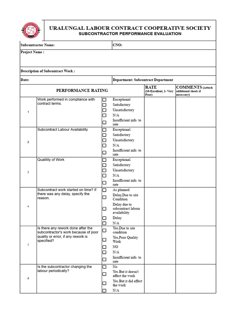 Subcontractor Performance Evaluation Form | PDF | Subcontractor ...