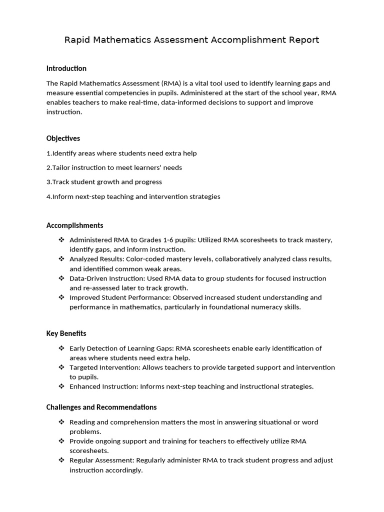 RMA Accomplishment Report Overview | PDF | Educational Assessment ...