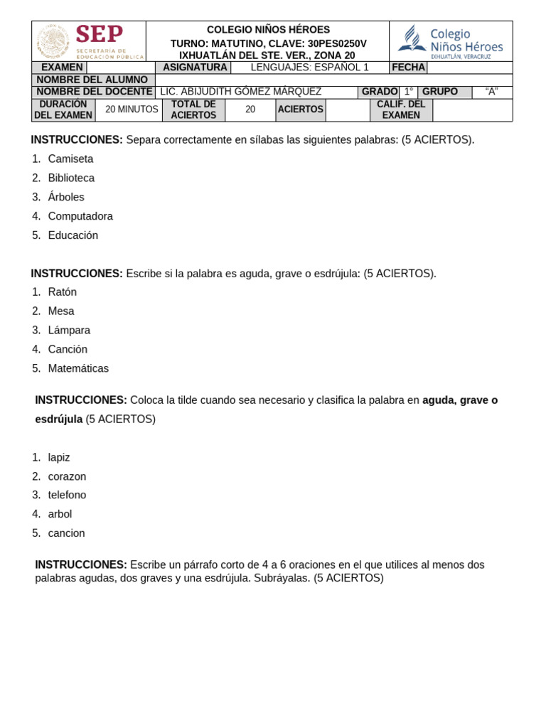 Español 1 Diagnóstico | PDF