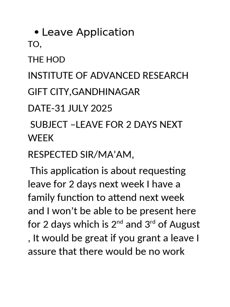 Leave Application for 2 Days | PDF