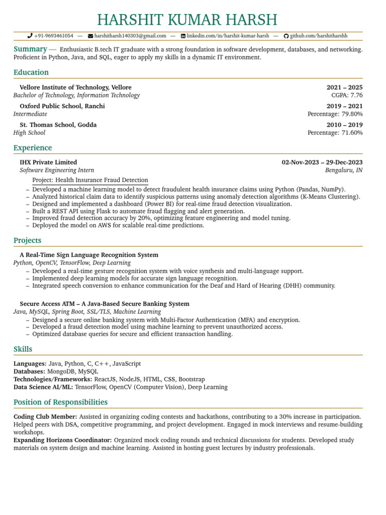 Harshit Kumar Harsh Resume | PDF | Machine Learning | Databases