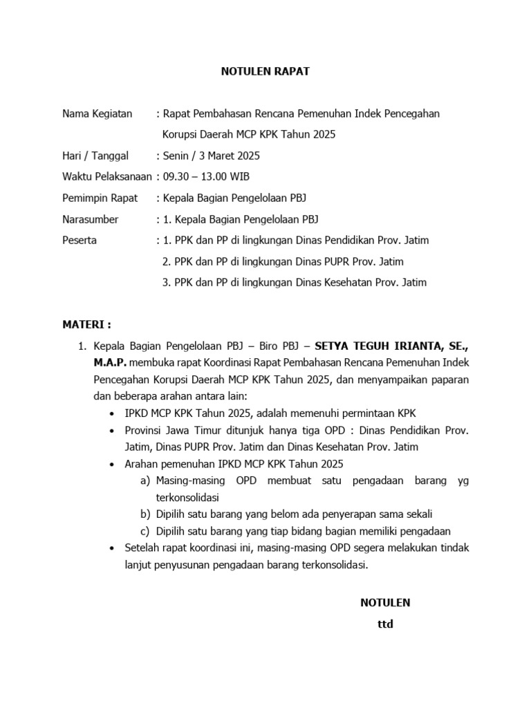 Notulen 03-03 Rapat Ipkd MCP KPK | PDF