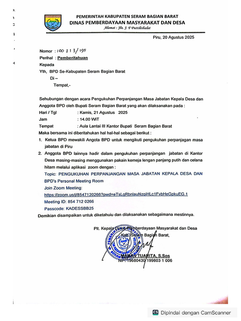 Surat Zoom Pengukuhan BPD | PDF