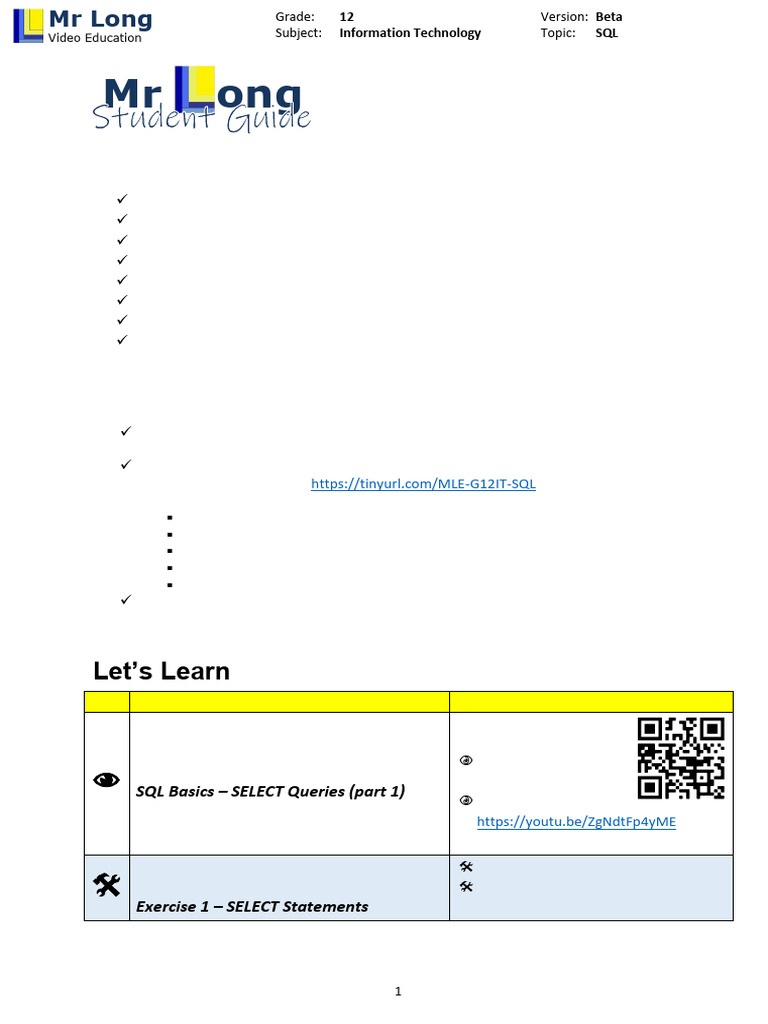 SQL Mr Long Student Guide | PDF | Sql | Image Scanner