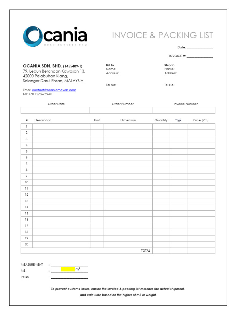Ocania SDN BHD Invoice & Packing List | PDF