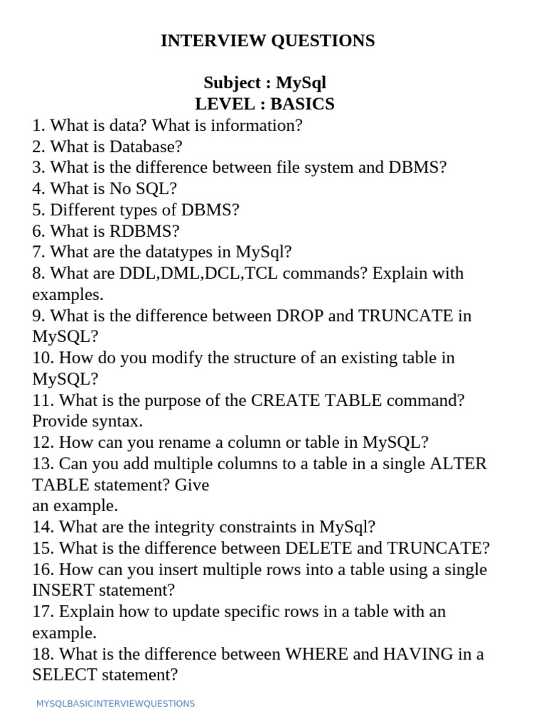 Interview Questions Mysql | PDF
