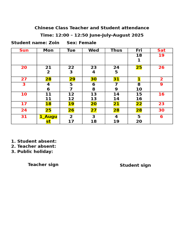 July August September 2025 Attendance (Zoin) | PDF