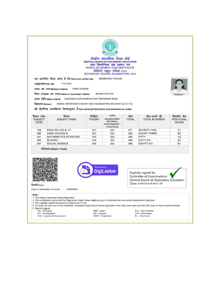 Shubhangi Ranjan Class X Marksheet | PDF