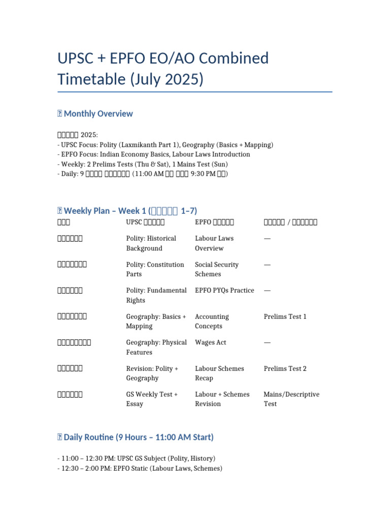 UPSC EPFO July 2025 Timetable | PDF