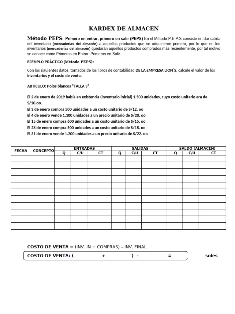 Ejemplo de Kardex con Método PEPS | PDF