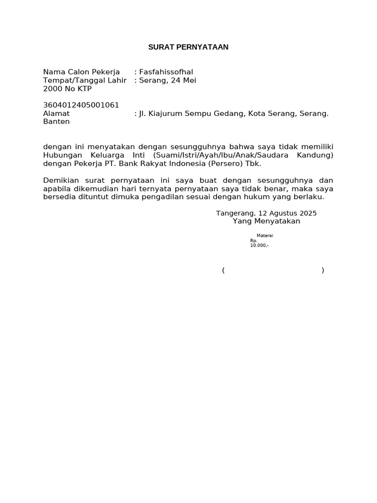 Surat Pernyataan Hubungan Keluarga | PDF