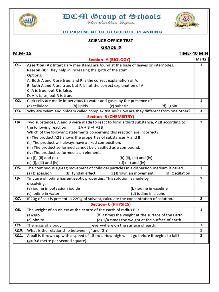 Grade Ix Office Test 13.08.2025 | PDF | Plant Stem | Iodine