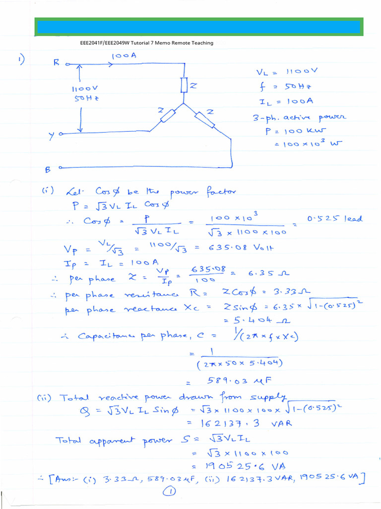 EEE2041F 2023 Week 7 Tutorial Memo Three Phase AC | PDF