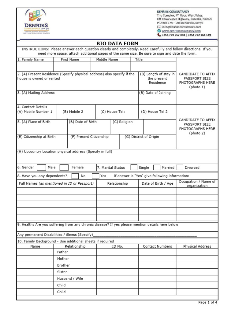 Comprehensive Bio Data Form | PDF | Passport