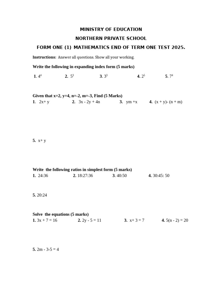Form 1 Mathematics Test 2025 | PDF
