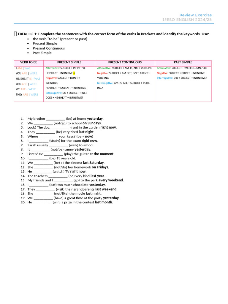 Review Exercise To Be, Present Simple, Present Cont & Past Simple | PDF ...