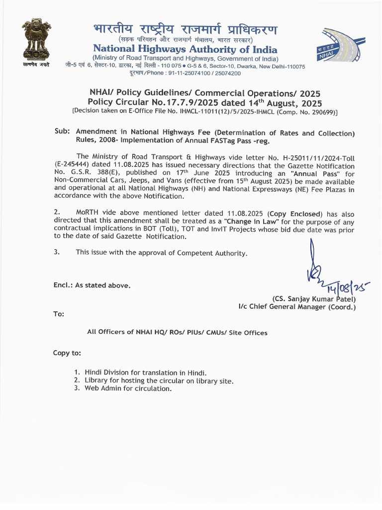 Policy Circular No. 17.7.9 Annual Fastag Pass | PDF