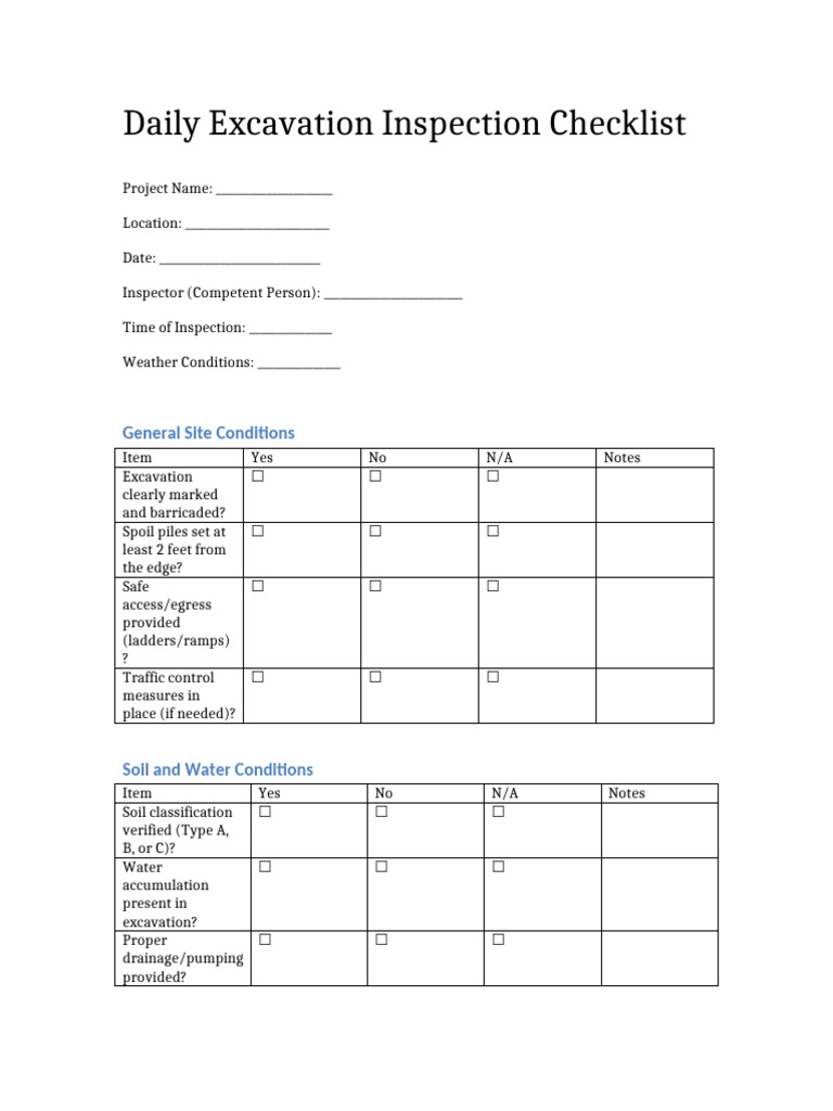 Daily Excavation Safety Checklist | PDF | Working Conditions | Safety