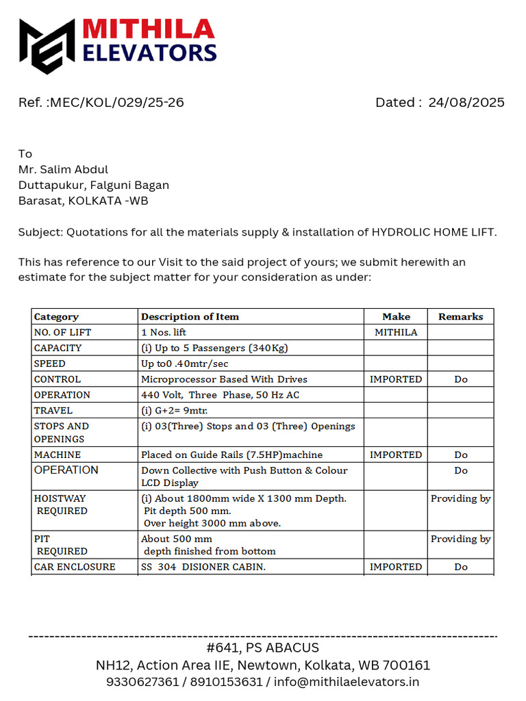 Mr. Salim Abdul Lift Quotation | PDF | Elevator | Private Law