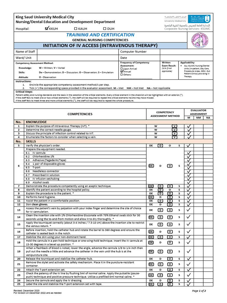 IV Access Competency Assessment Guide | PDF | Intravenous Therapy ...