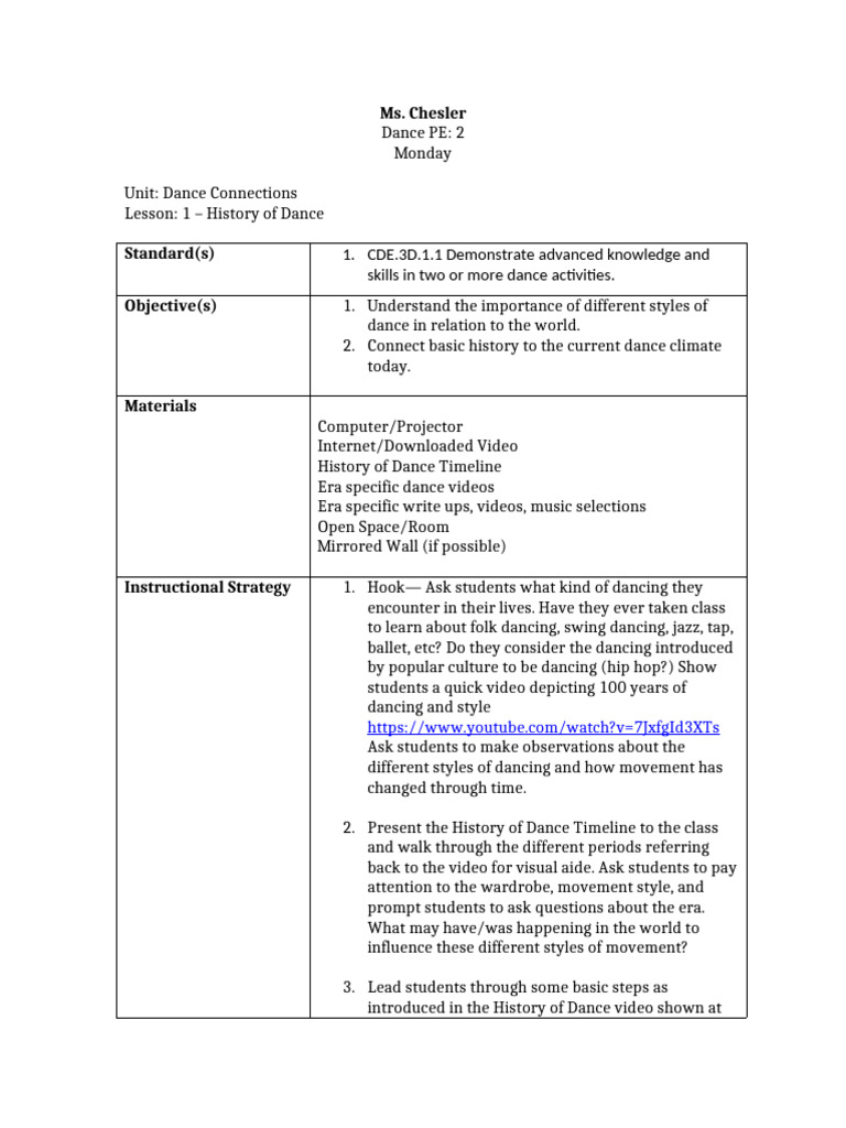 Dance Unit Lesson Plan Compilation | PDF | Dances | Choreography