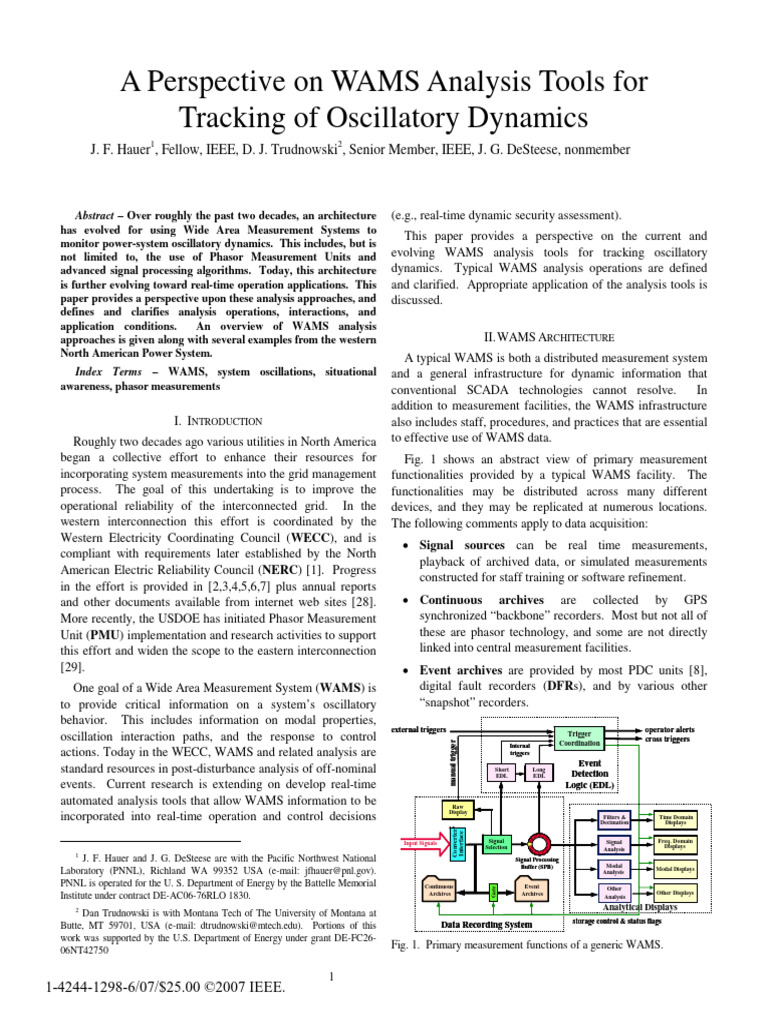 2007 - A Perspective On WAMS Analysis Tools For Tracking of Oscillatory Dynamics | PDF ...