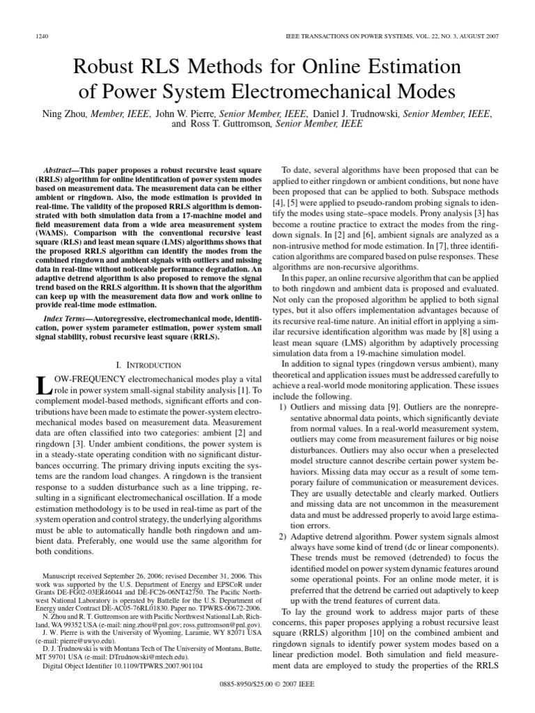 2007 - Robust RLS Methods For Online Estimation of Power System Electromechanical Modes | PDF ...