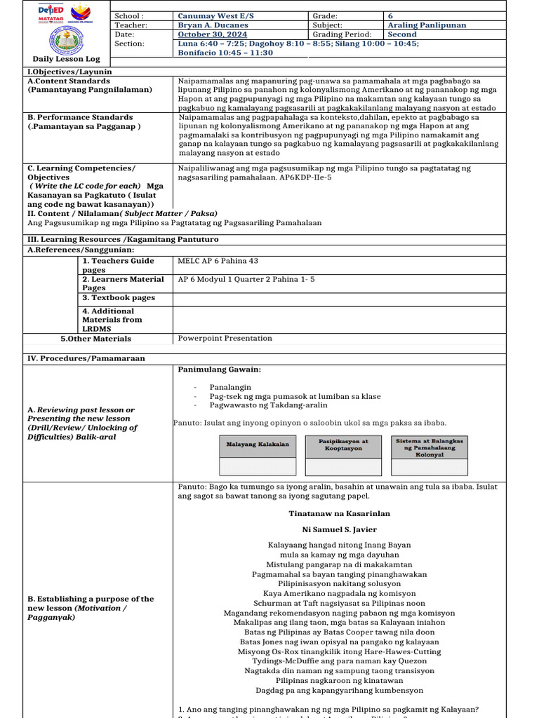 DLL AP 6 Q2 PILIPINASYON COPY Second Quarter | PDF